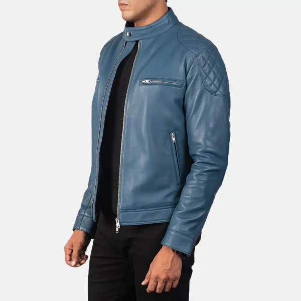 Men's Gatsby Blue Leather Biker Jacket - Leather Moto Jacket